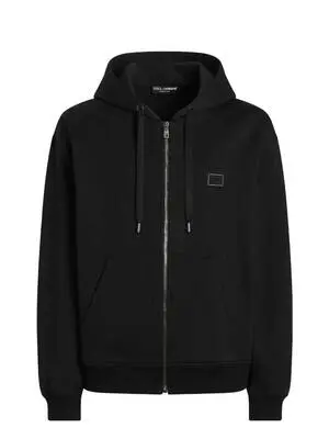 Dolce & Gabbana Zip-up Cotton Hoodie With Logo Plaque - Black