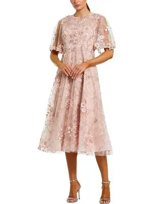 Mac Duggal Petite Flutter Sleeve Floral Embroidered Midi Dress - Blush