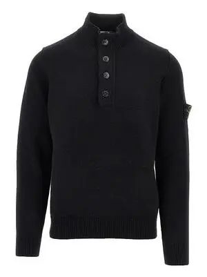 Stone Island Virgin Wool Blend Knit Sweater With Logo Badge - Black