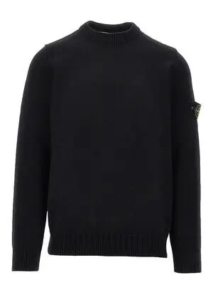 Stone Island Virgin Wool-blend Knit Sweater With Logo Badge - Black
