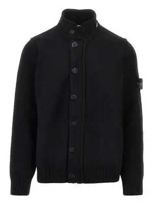 Stone Island Knitted Virgin Wool Blend Cardigan With Logo Badge - Black