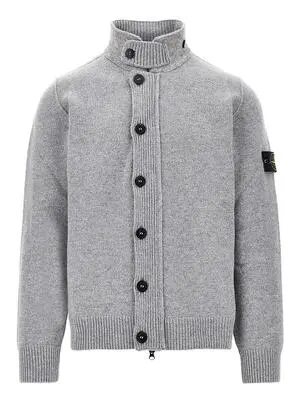 Stone Island Knitted Cardigan With Logo Badge - Grey