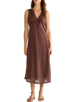 Lucky Brand Lace Trim Midi Dress - Chicory Coffee