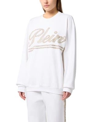Philipp Plein Washed Open Back Sweatshirt With Strass Signature - White