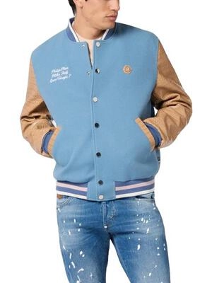 Philipp Plein Varsity Bomber Jacket With Croco-print Leather Sleeves - Lightblue