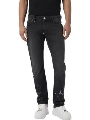 Philipp Plein Super Straight Cut Jeans With Paint Splatter - Pantherblack