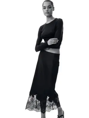 H&m Lace-trimmed Satin Skirt - Black