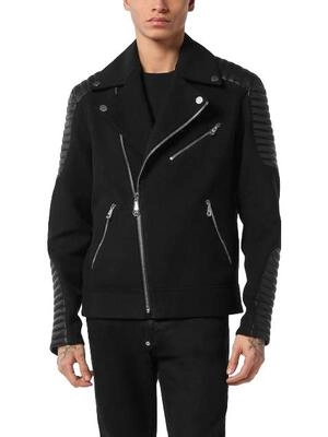 Philipp Plein Wool Biker Jacket With Leather Inserts - Black