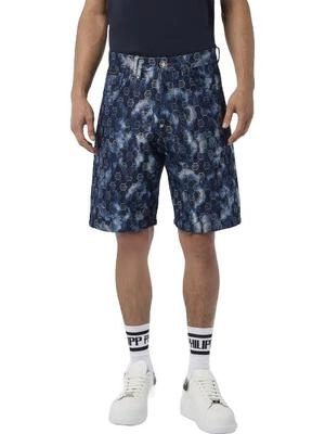 Philipp Plein Denim Shorts Jacquard Monogram - Navy