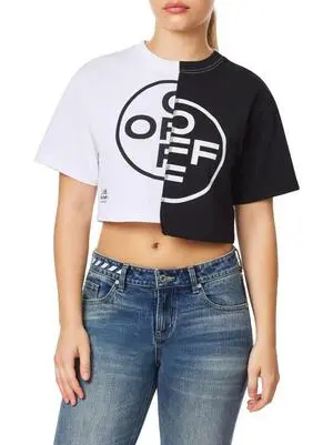 L/AB OFF-WHITE Spliced Graphic Cropped T-shirt - Bright White/black