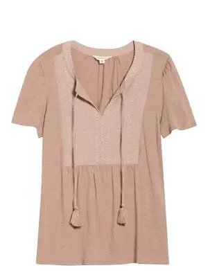 Lucky Brand Embroidered Tie Neck Peasant Top - Adobe Rose