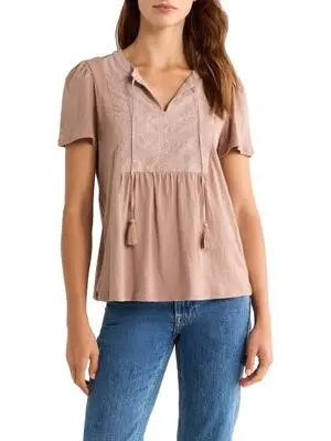 Lucky Brand Embroidered Tie Neck Peasant Top - Adobe Rose