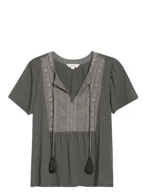 Lucky Brand Embroidered Tie Neck Peasant Top - Castlerock