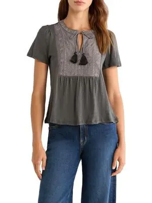 Lucky Brand Embroidered Tie Neck Peasant Top - Castlerock