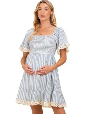 PINKBLUSH Striped Smocked Lace Trim Dress - Light Blue