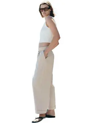 H&m Straight-leg Belted Pants - Light Beige