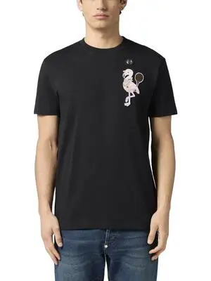 Philipp Plein Round Neck T-shirt Tennis Flamingo Patch - Black