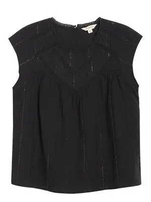 Lucky Brand Lace Inset Yoke Metallic Cotton Top - Caviar