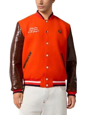 Philipp Plein Varsity Bomber Jacket With Croc-embossed Leather Sleeves - Orange