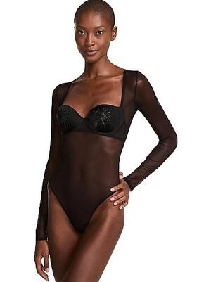 Victoria's Secret Tease Spider Embroidery Push-up Long-sleeve Bodysuit - Black