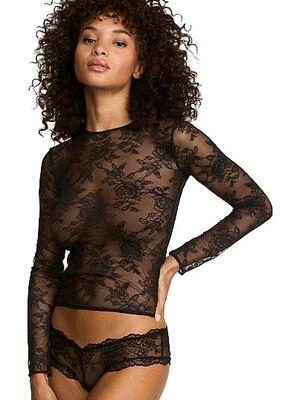 Victoria's Secret Very Sexy Rose Lace Long-sleeve Tee - Black