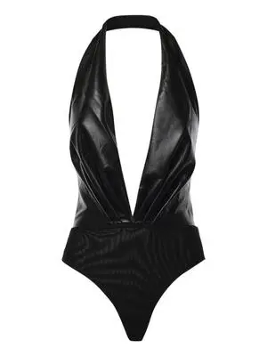 Andamane Halter Neck Bodysuit With Deep V-neck And Draped Front - Black