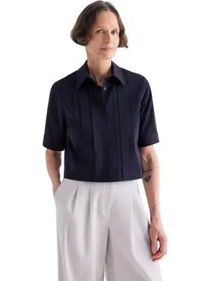 TWP TWP Clothing Short-Sleeve Poplin Shirt With Pintuck Detailing Midnight