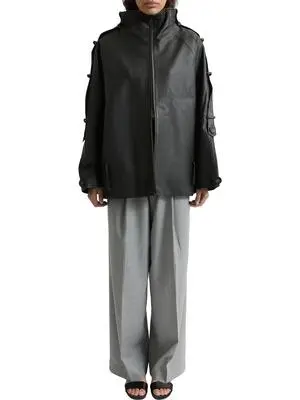 JOAEN Sara Oversized Leather Jacket With Belt - Black