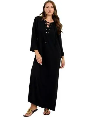 Trina Turk Catamaran Maxi Dress With Lace-up Neckline And Side Slits - Black