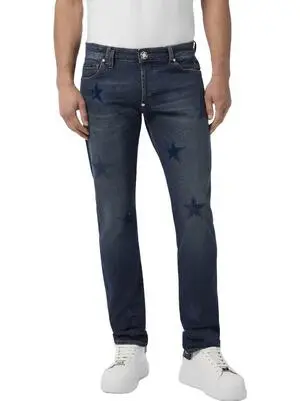 Philipp Plein Super Straight Cut Jeans With Star-shaped Croco-skin Patches - Texasblue