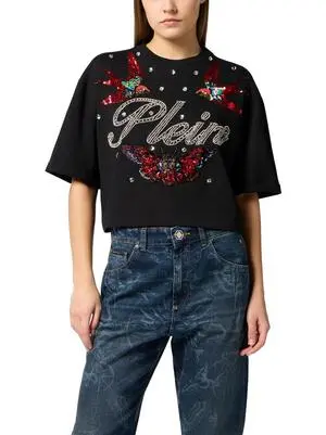 Philipp Plein Cropped Tattoo Strass T-shirt - Black