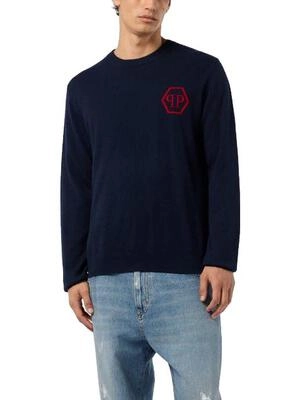 Philipp Plein Pure Cashmere Roundneck Pullover With Jacquard Hexagon Logo - Navy