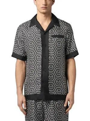 Philipp Plein Silk Bowling Shirt Monogram 70's - Black
