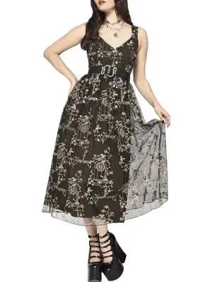 DISTURBIA Stellar Vine Embroidery Midi Dress - Green