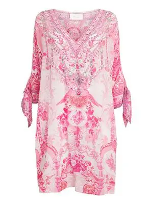 Camilla Silk Embellished Mini Kaftan - Pink