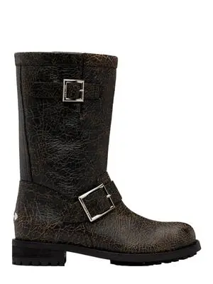 JIMMY CHOO Biker Cracked Leather Boots - Distressed Espresso