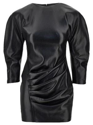 Andamane Round Neck Gathered Long Sleeve Dress - Black