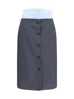Prada Double-layer Midi Skirt In Cotton And Linen - Gray