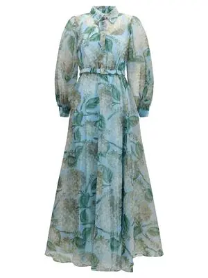 NISSA Printed Organza Maxi Dress - Blue