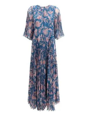 Etro Maxi Pleated Dress With Flared Sleeves - Blue