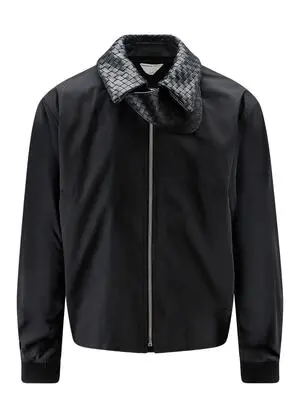 Bottega Veneta Black Nylon And Cotton Jacket With Intrecciato Leather Collar - Multicolor