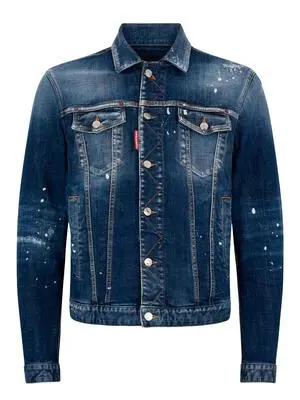 Dsquared2 Distressed Denim Trucker Jacket With Paint Splatter - Blue