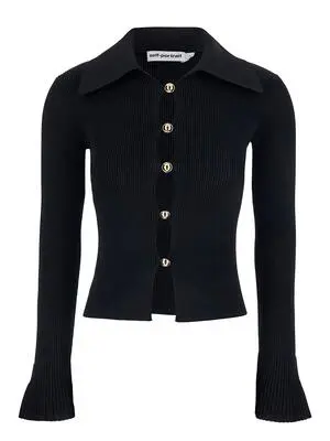 SELF-PORTRAIT Ribbed Knit Cardigan With Gold-tone Buttons - Black