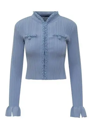 SELF-PORTRAIT Ribbed Knit Button-up Cardigan With Embellished Trim - Blue