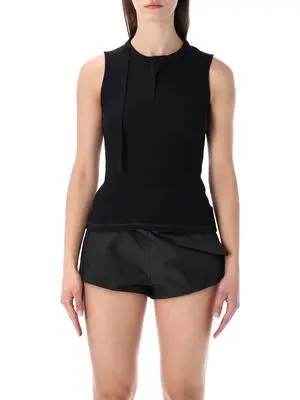 DIESEL® Sleeveless Ribbed Zip-neck Top With Long Tie Detail - Black