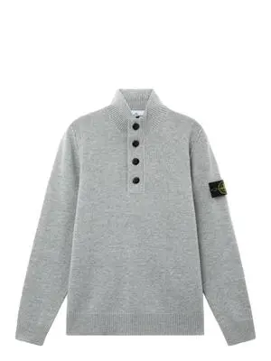 Stone Island Ribbed Stand-up Collar Wool Sweater With Felt Trim And Quarter Zip - Grigio