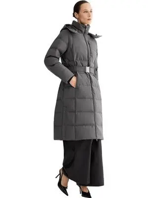 OROLAY Celeste Long Hooded Belted Down Coat - Gray