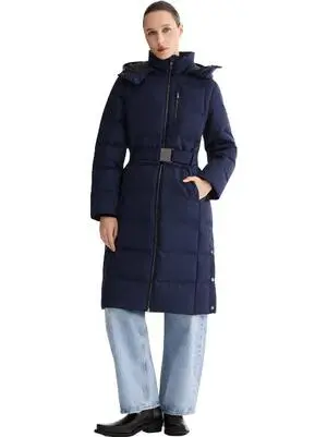 OROLAY Celeste Long Hooded Belted Down Coat - Navy