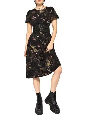 DISTURBIA Harpyiai Print Puff Sleeve Midi Dress - Black
