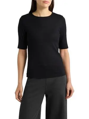 Eileen Fisher Organic Cotton Crewneck Elbow Sleeve Top - Black